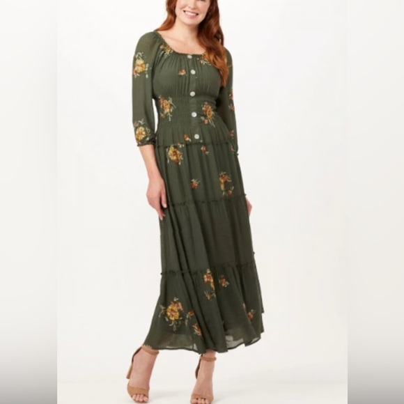 fig and flower | Dresses | Fig And Flower Olive Floral Long Sleeve ...